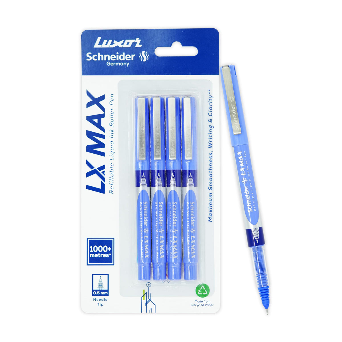 Luxor Schneider, LX MAX roller ball pen, Pack of 4 - Blue, Needle Tip ...