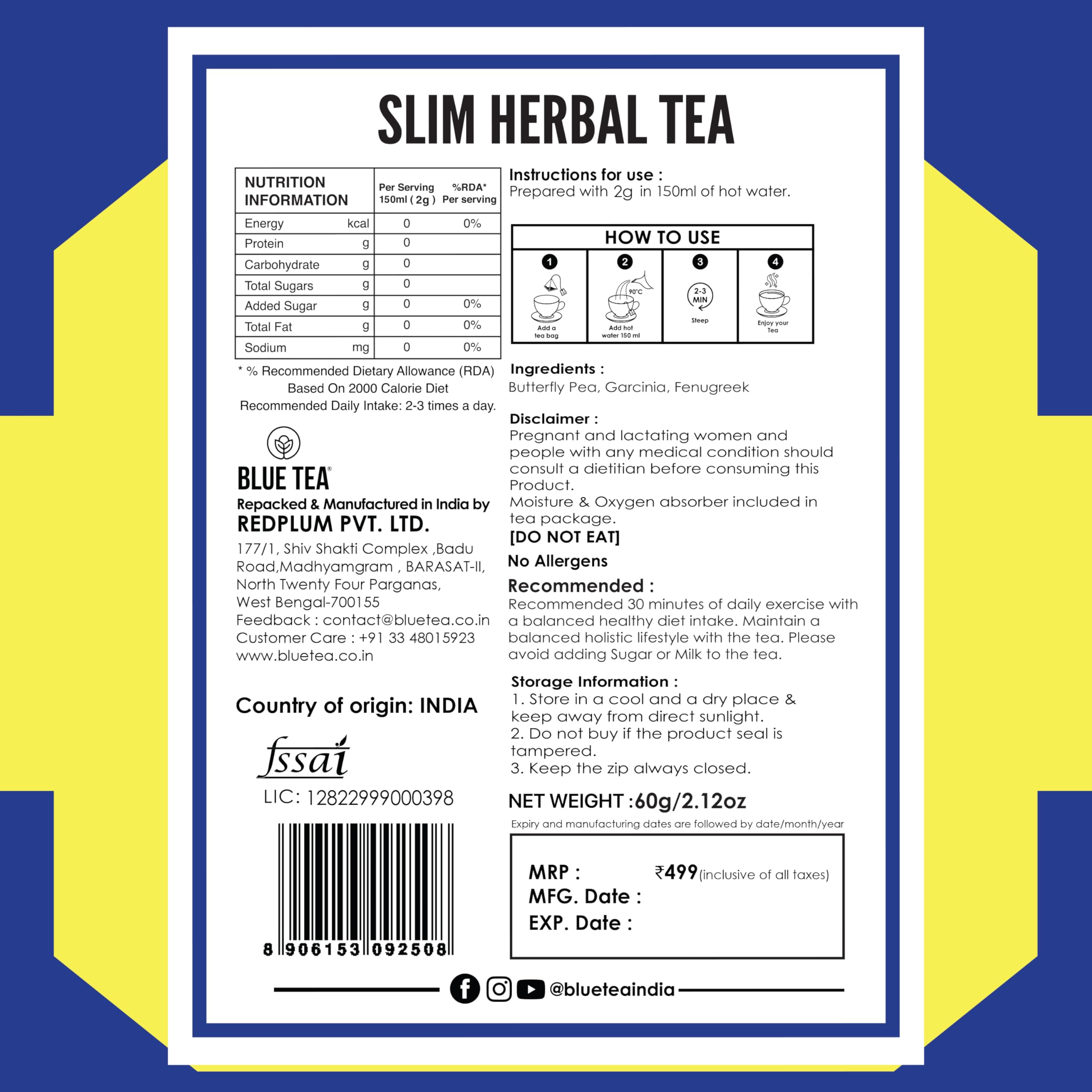 BLUE TEA - Slimming Tea - 30 Tea Bags - Plant Based | Get Slimmer Tummy ...