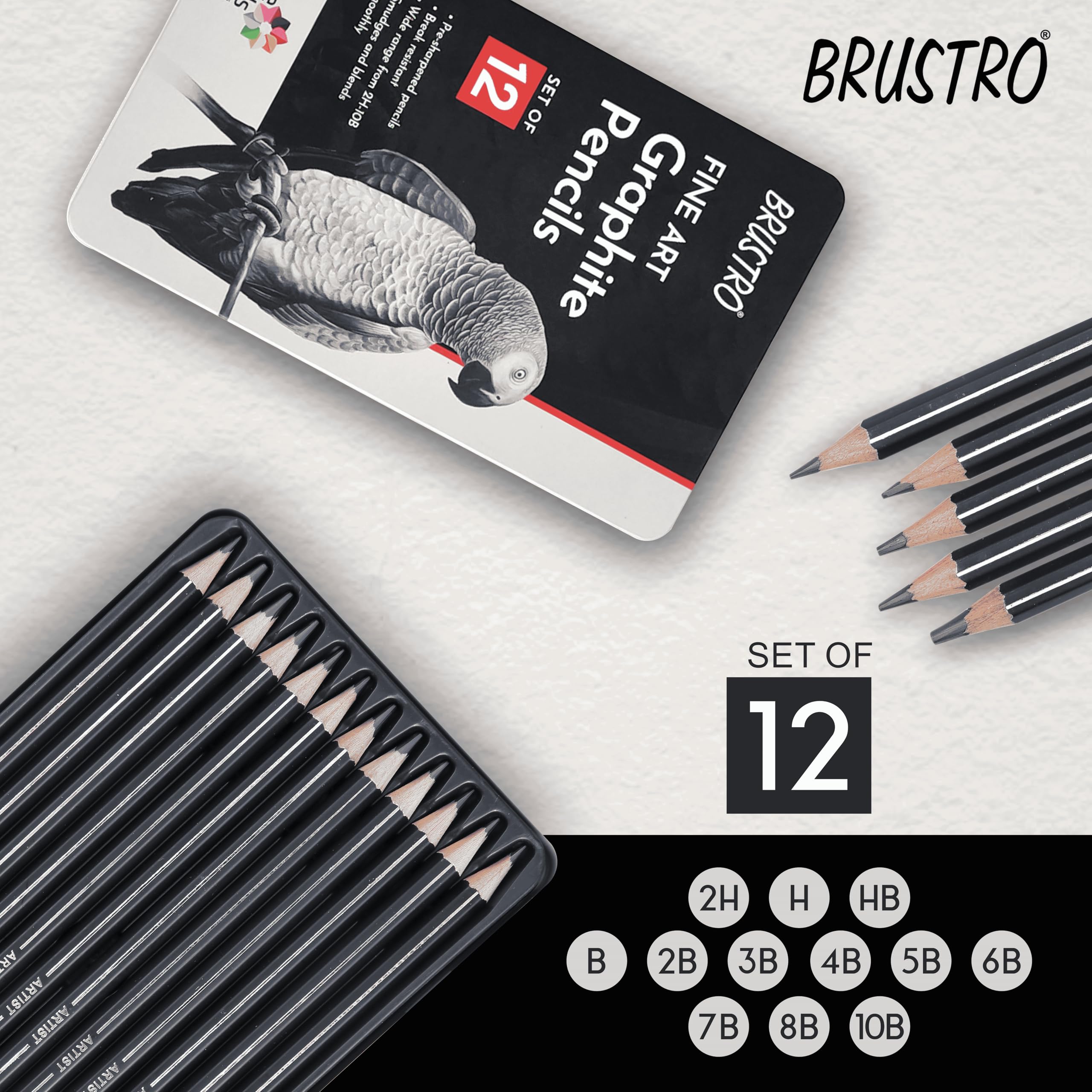 Brustro Artists Fineart Graphite Pencil Set of 12 (10B-2H) with Elegant ...